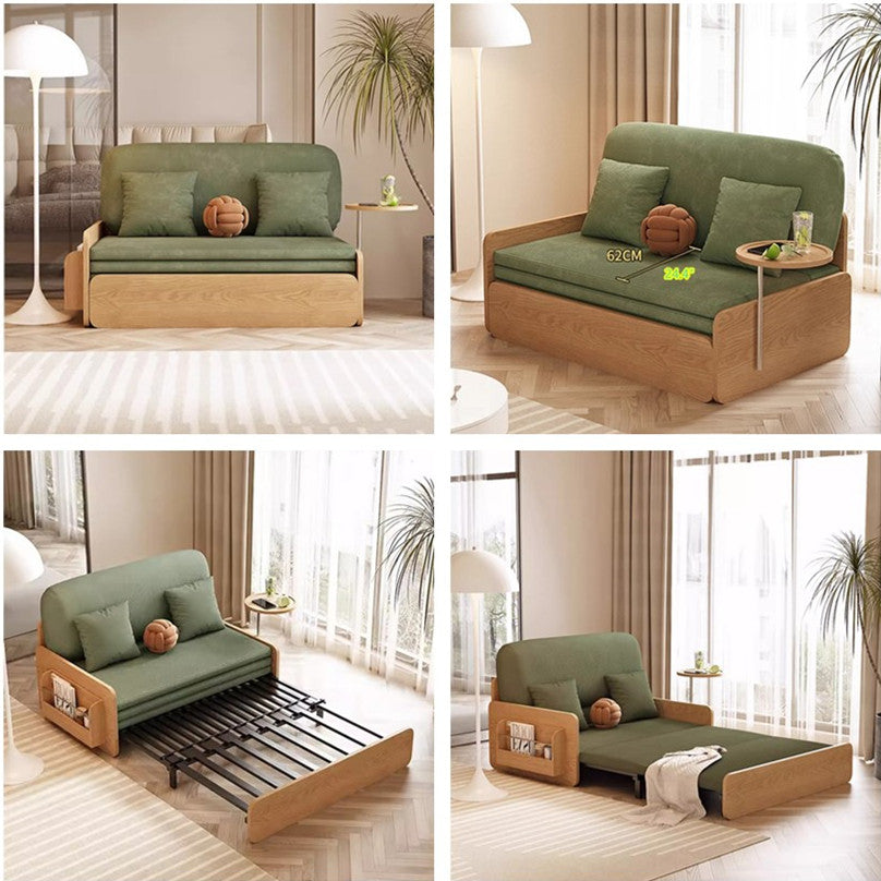 Japandi Log Style Pull Out Corduroy Fabric Sofa Bed with Rotating Armr ...