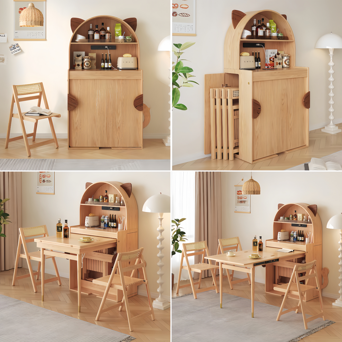 Cute Cat-Shaped Solid Wood Foldable Dining Table Cabinet with Chair St ...