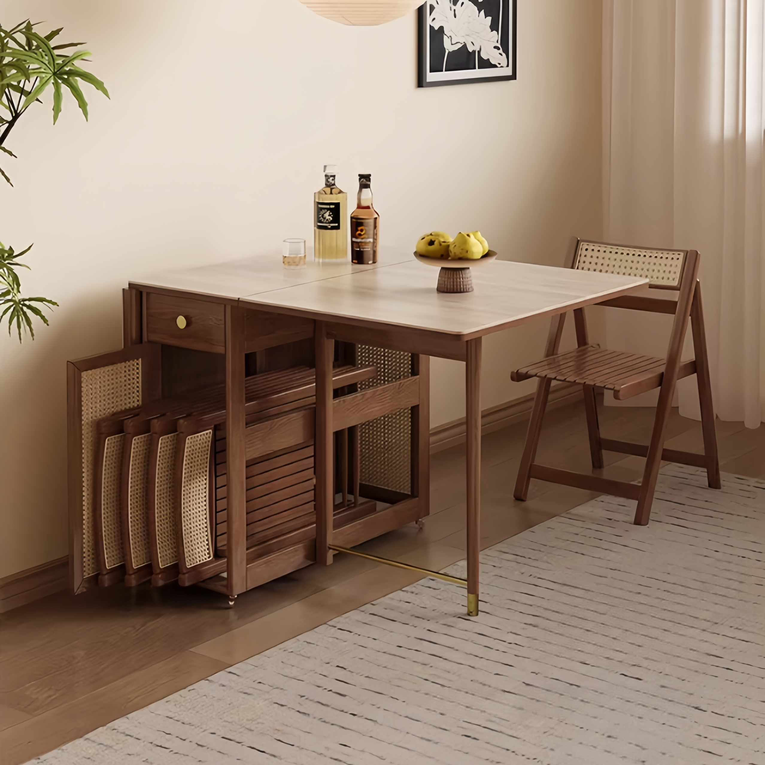 Double Drop Leaf Dining Table with Sideboard Cabinet & 4 Folding Chair ...