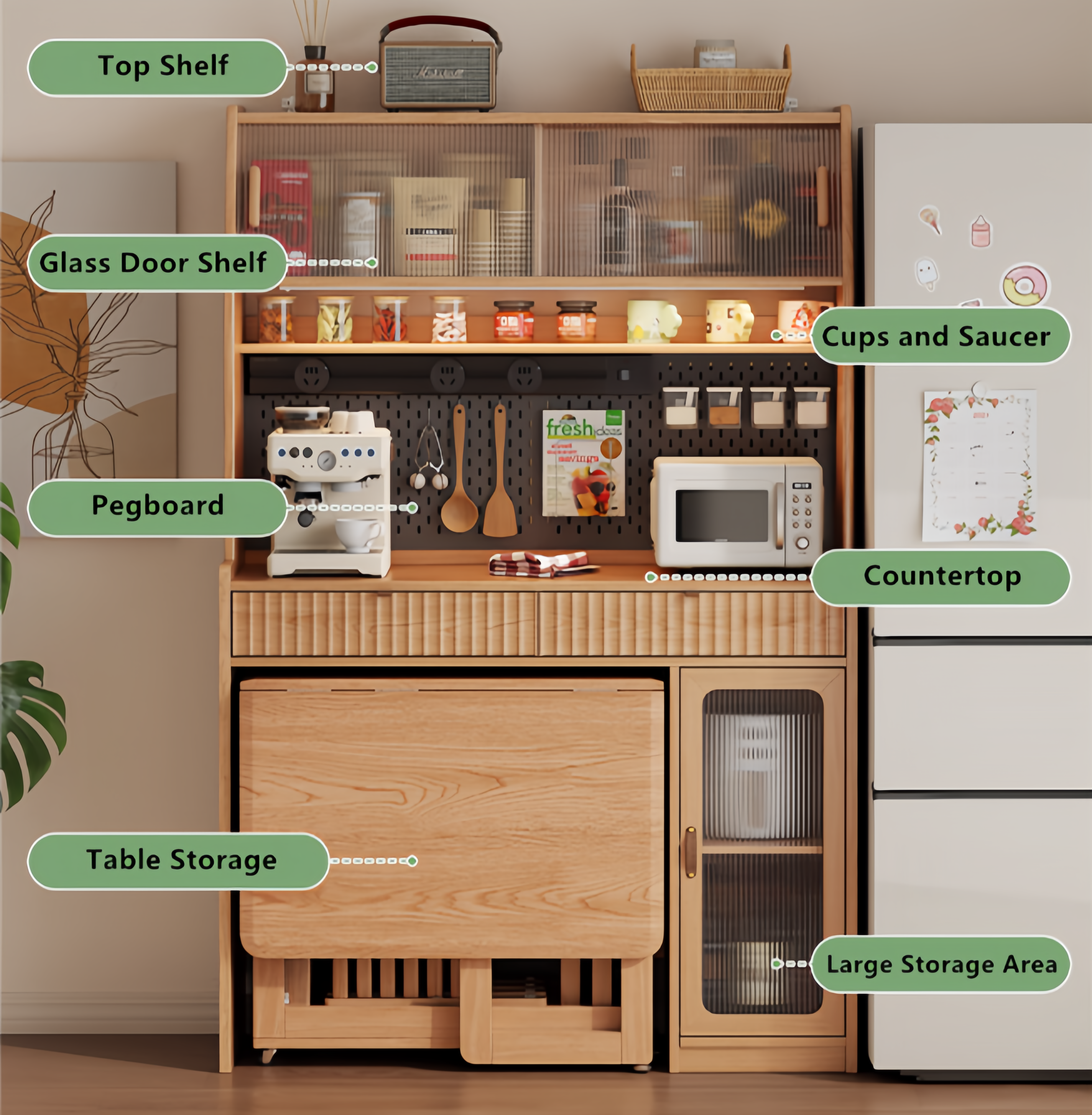 Kitchen Hutch Cabinet with Double Drop Leaf Dining Table and 4 Folding ...