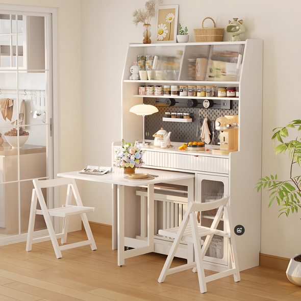 Kitchen Hutch Cabinet with Double Drop Leaf Dining Table and 4 Folding ...
