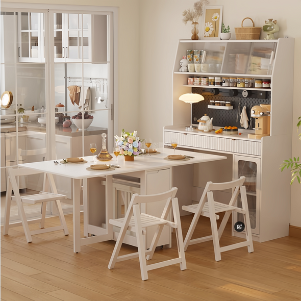 Kitchen Hutch Cabinet with Double Drop Leaf Dining Table and 4 Folding ...