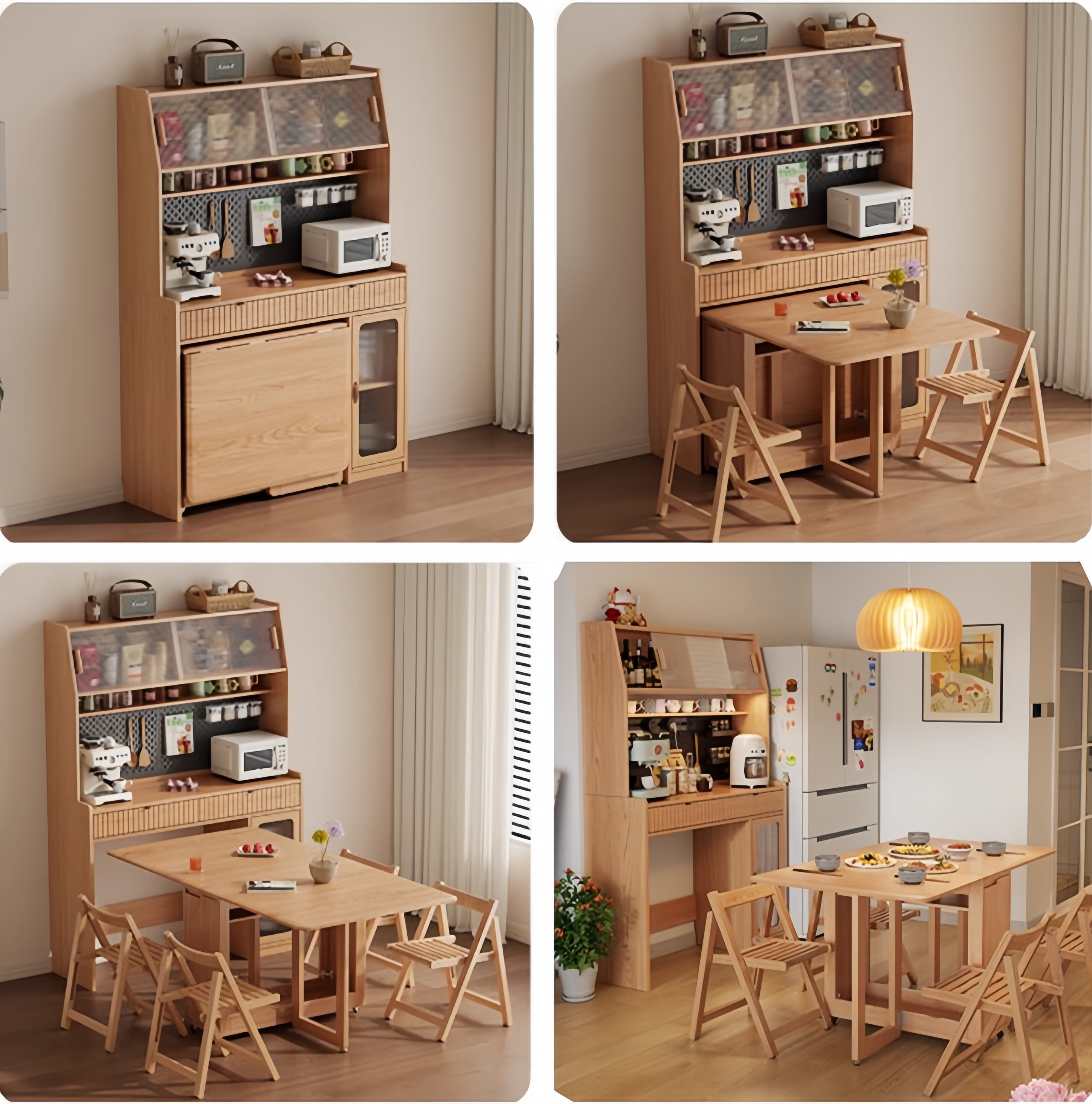 Kitchen Hutch Cabinet with Double Drop Leaf Dining Table and 4 Folding ...