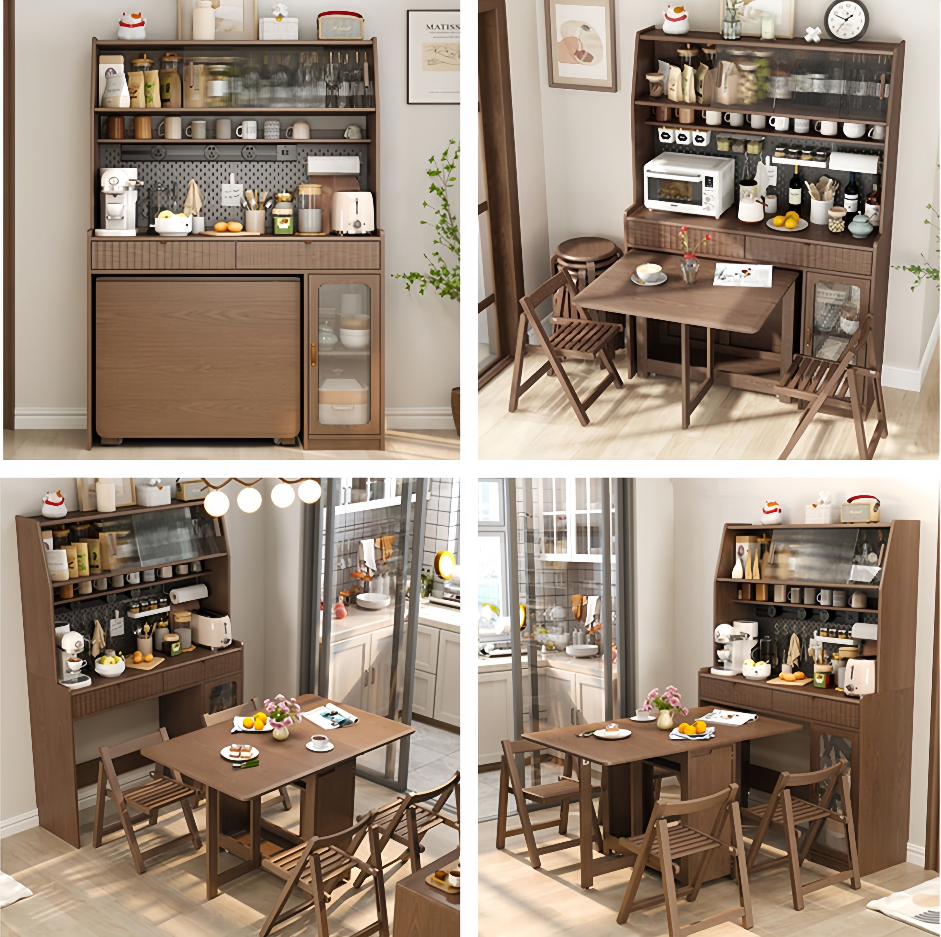 Kitchen Hutch Cabinet with Double Drop Leaf Dining Table and 4 Folding ...