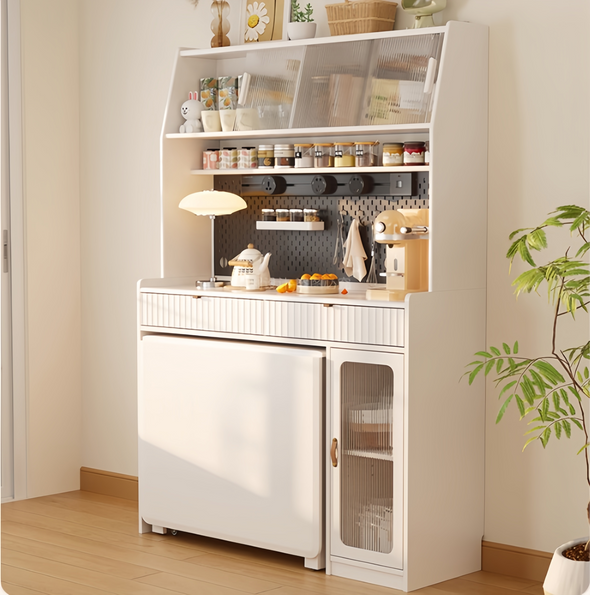 Kitchen Hutch Cabinet with Double Drop Leaf Dining Table and 4 Folding ...