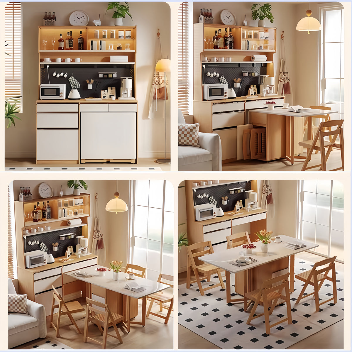 Sideboard Cabinet with Double Drop Leaf Dining Table and 4 Folding Cha ...