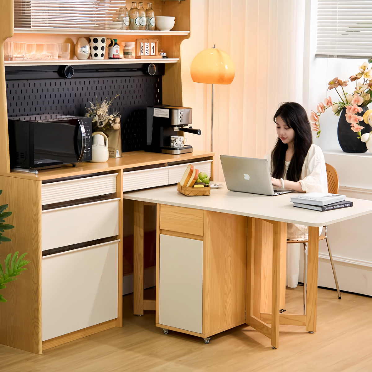 Sideboard Cabinet with Double Drop Leaf Dining Table and 4 Folding Cha ...