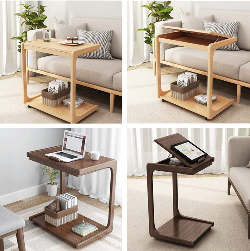 Solid Wood C-Shape Adjustable Flip Side Table with Lockable Wheels ...