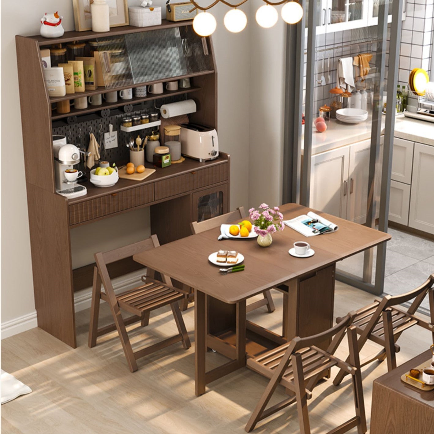 Kitchen Hutch Cabinet with Double Drop Leaf Dining Table and 4 Folding ...